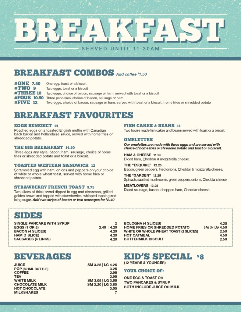 Breakfast Menu - Esquire Restaurant. Bedford Highway, Bedford